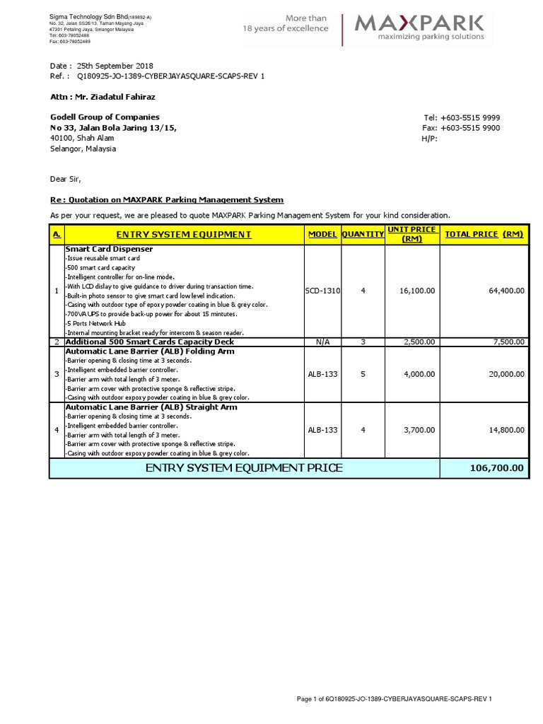 MAXPARK Parking Management Quotation | PDF | Business | Computing And ...