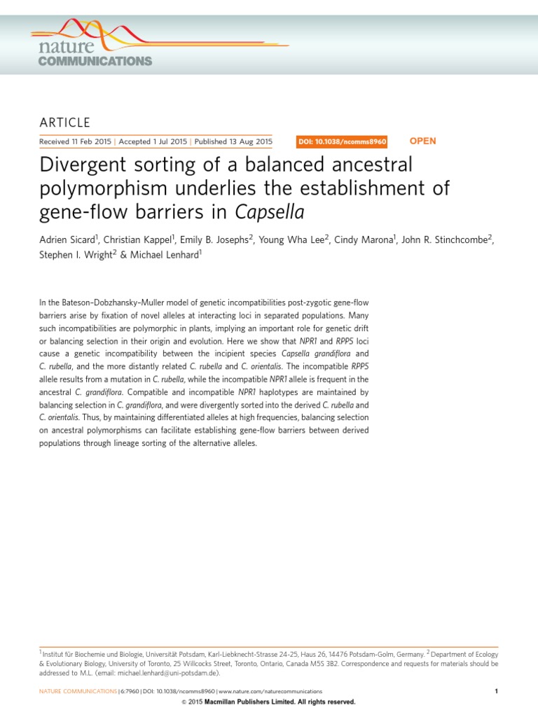 Sicard 2015 NatCom Divergent Sorting of A Balanced Ancestral ...