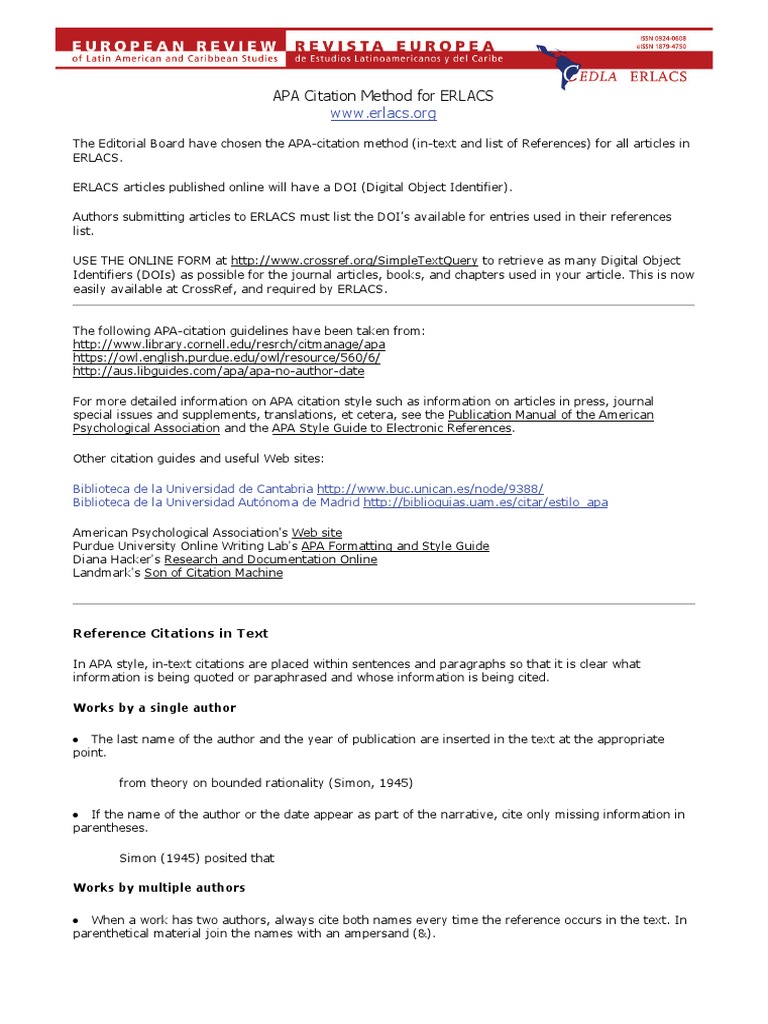 APA Citation Method For ERLACS: Reference Citations in Text | PDF ...