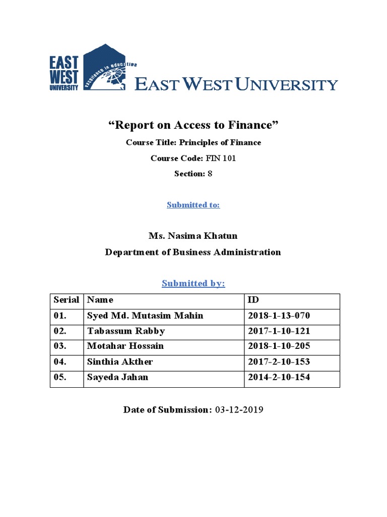 "Report On Access To Finance": Course Title: Principles of Finance ...
