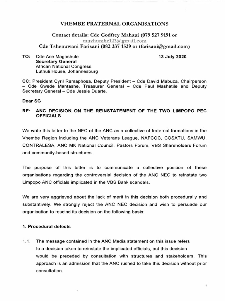 Anc Nec Letter From Vhembe Fraternal Organisations July 2020 | PDF