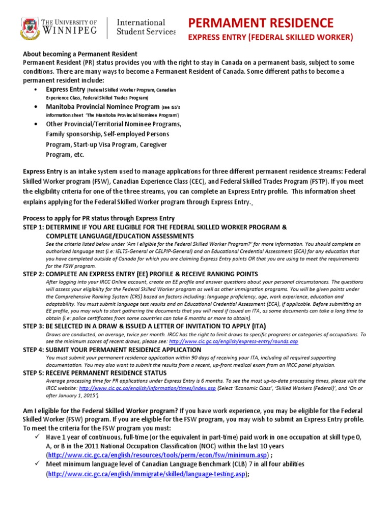 Permament Residence: Express Entry (Federal Skilled Worker) | Download ...