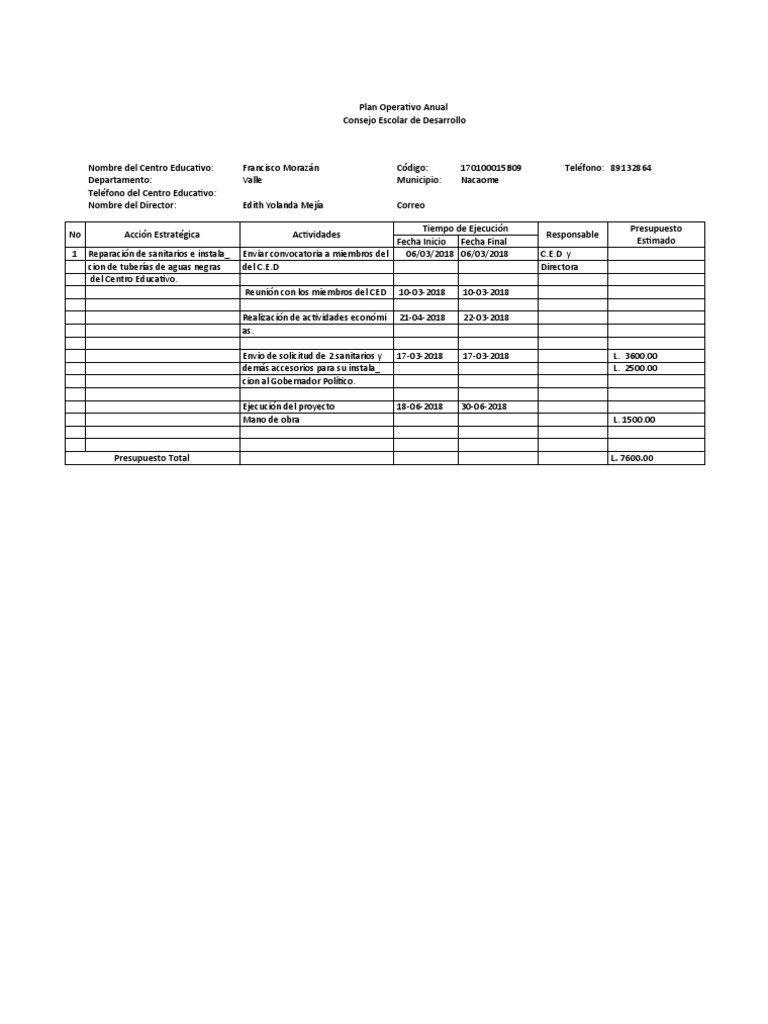 Plan Operativo Anual Del CED - Odt | PDF