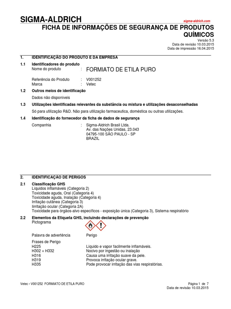 FISPQ Formiato de Etila Puro | PDF | Vapor | Natureza