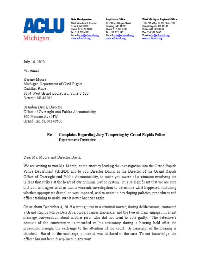 Re: Complaint Regarding Jury Tampering by Grand Rapids Police ...