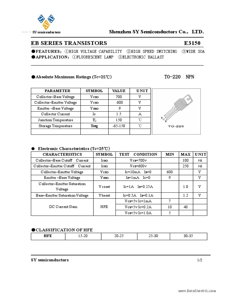 Eb Series Transistors E3150: Shenzhen SY Semiconductors Co. LTD | PDF ...