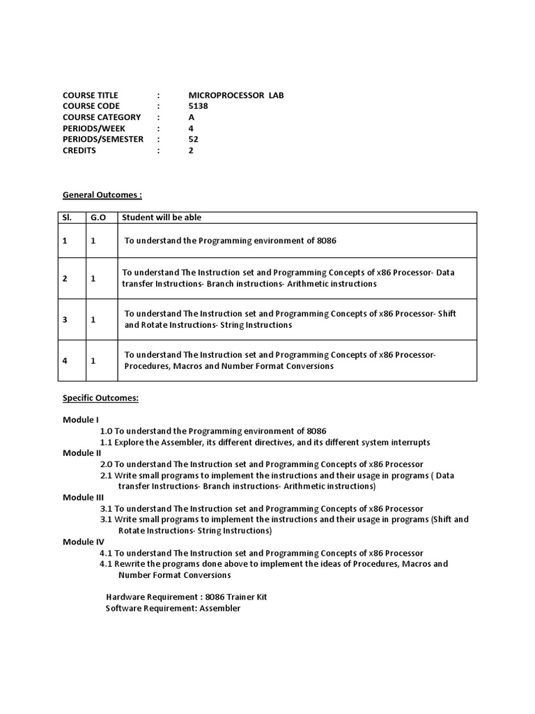8086 Microprocessor Lab Course Guide | PDF