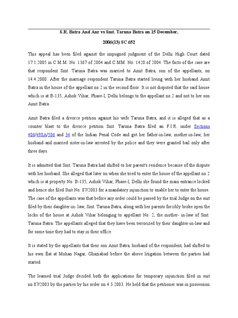 S.R.Batra V. SMT Taruna Batra | PDF | Lawsuit | Appeal
