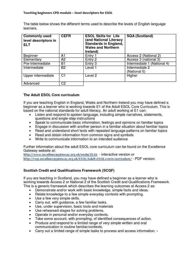 ESOL Level Descriptors | PDF