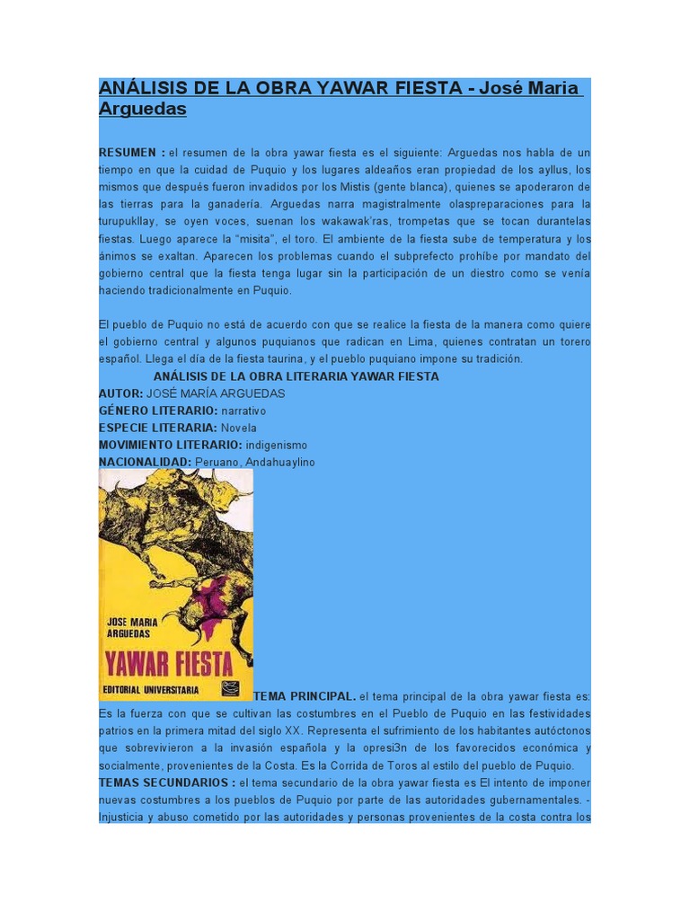 Análisis de La Obra Yawar Fiesta | PDF | Toreo