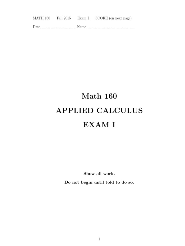 Math 160 Applied Calculus Exam I | PDF | Function (Mathematics ...