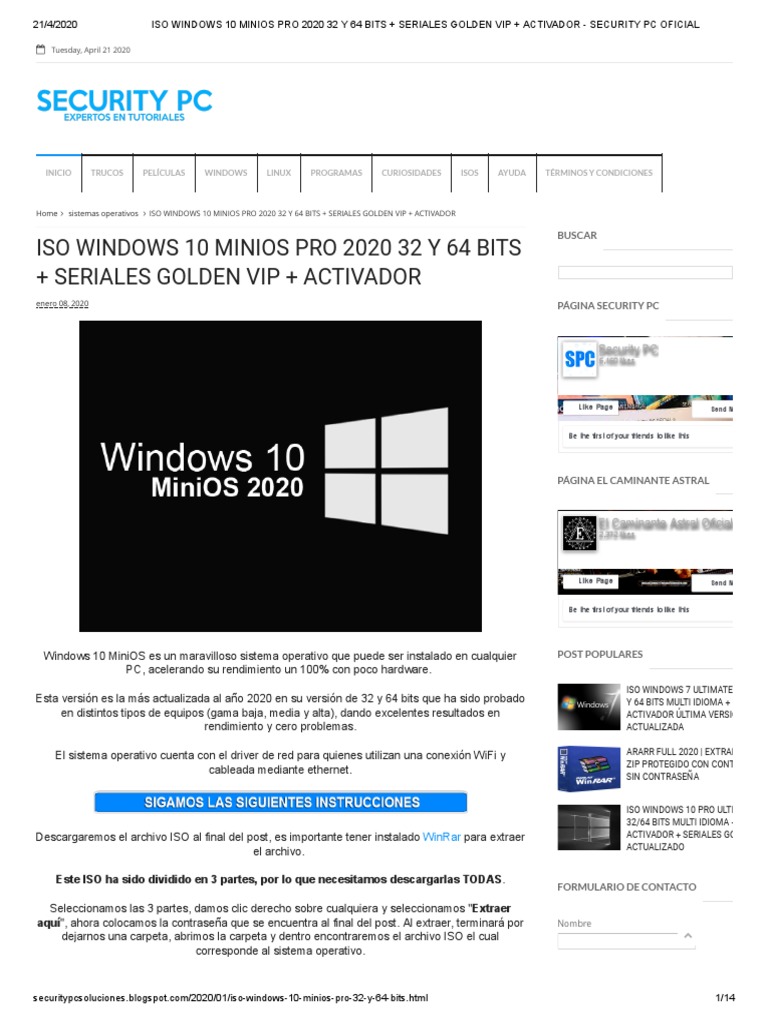 Iso Windows 10 Minios Pro 2020 32 y 64 Bits + Seriales Golden Vip + Activador - Security PC ...