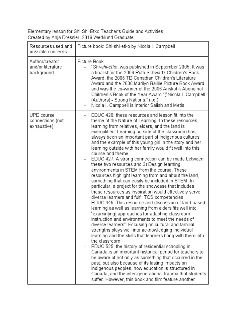 Shi-Shi-Etko Lesson Plan and Activities | PDF | Psychological ...