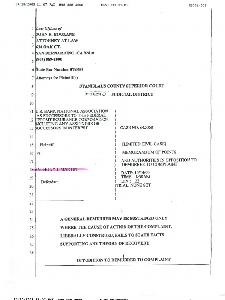 Opposition to Demurrer to Complaint, Memorandum of Points and Authorites