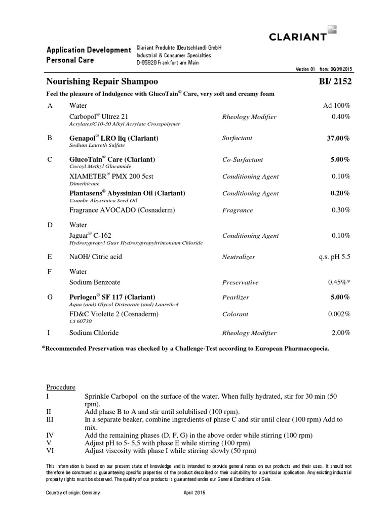 Clariant Formulation Nourishing Repair Shampoo 201504 EN | PDF ...