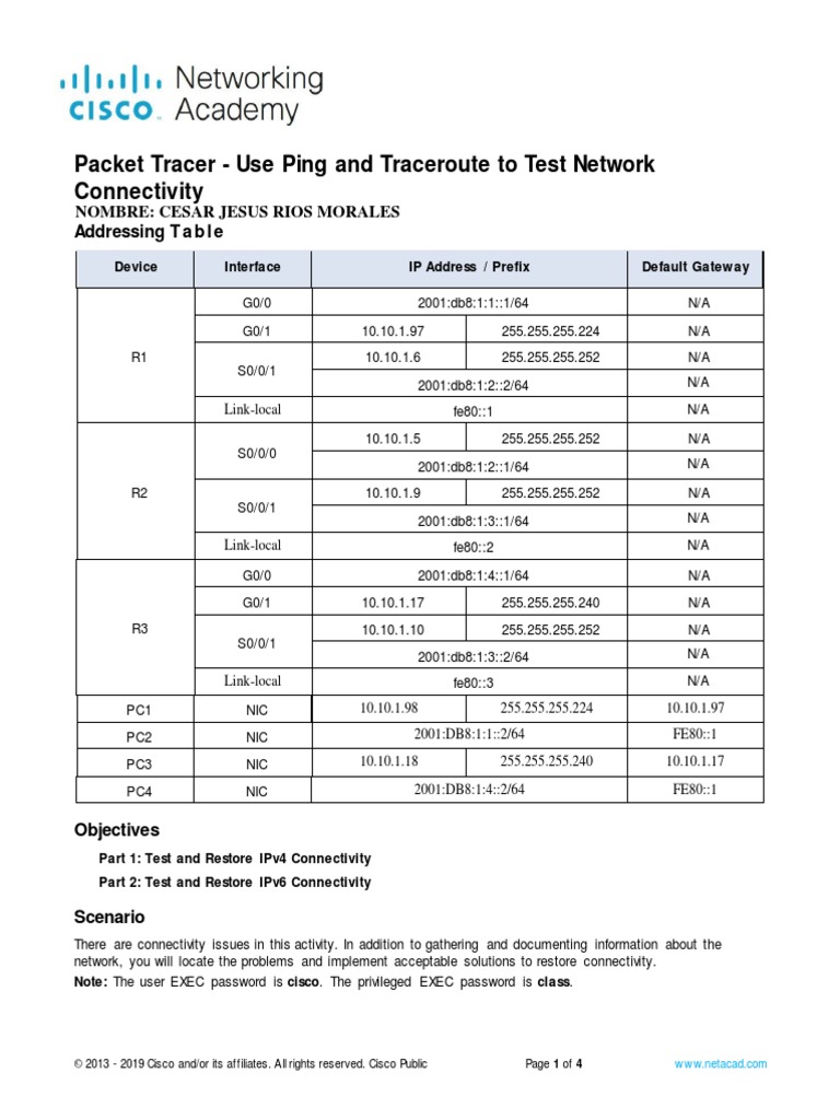 13 2 7 Packet Tracer Use Ping And Traceroute To Test Network Connectivity Cesar Rios
