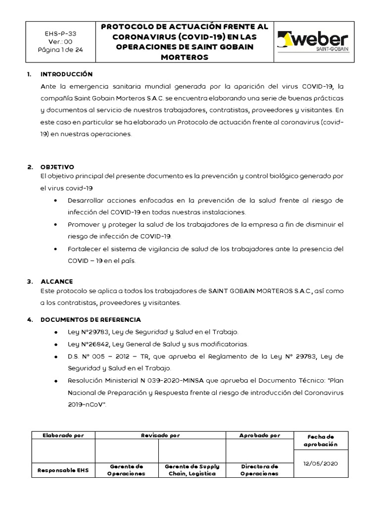 EHS-P-33 Protocolo Frente Al COVID-19 - Saint Gobain Morteros | PDF | Lavado de manos | Logística