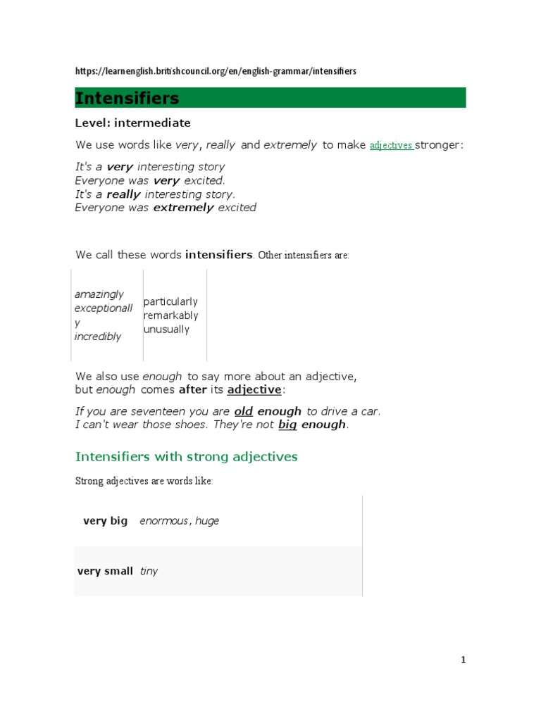 Intensifiers: Level: Intermediate | PDF | Verb | Adjective