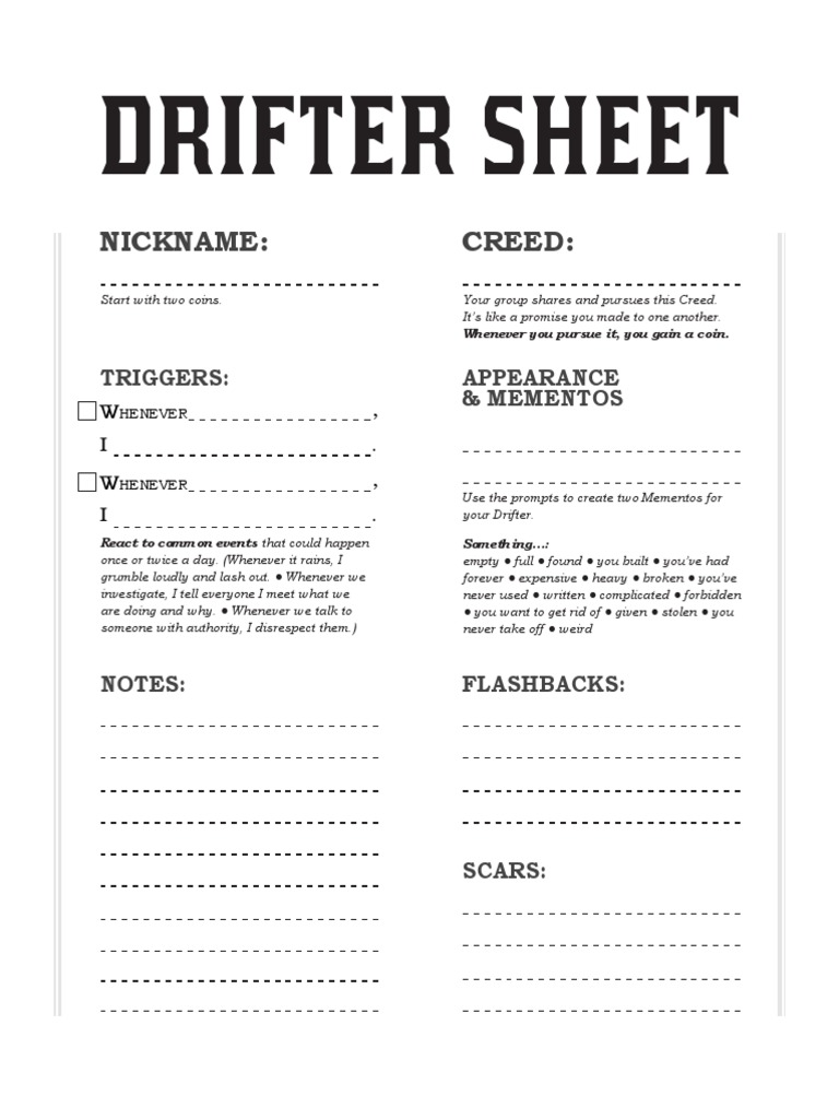 Creating a Drifter Character Sheet: Defining Triggers, Appearance, Mementos, and Backstory | PDF