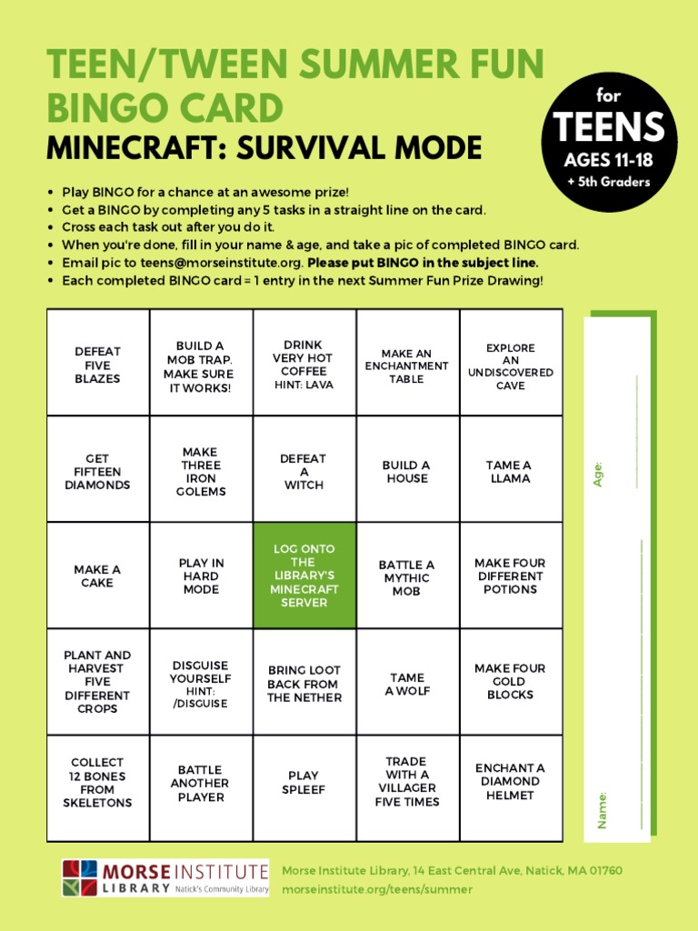 Teen/Tween Summer Fun Bingo Card: Teens | PDF | Leisure | Sports