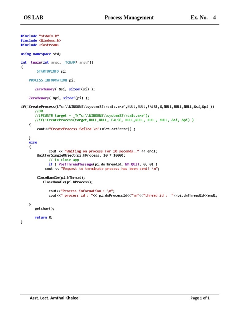 Os Lab Process Management Ex. No. - 4: "Stdafx.h" | PDF | Teaching Methods & Materials | Computers