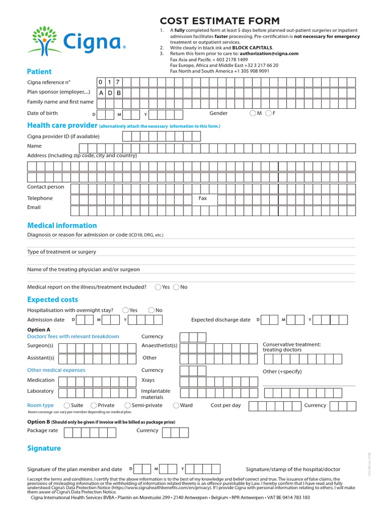 Cost Estimate Form: Patient | PDF | Patient | Hospital