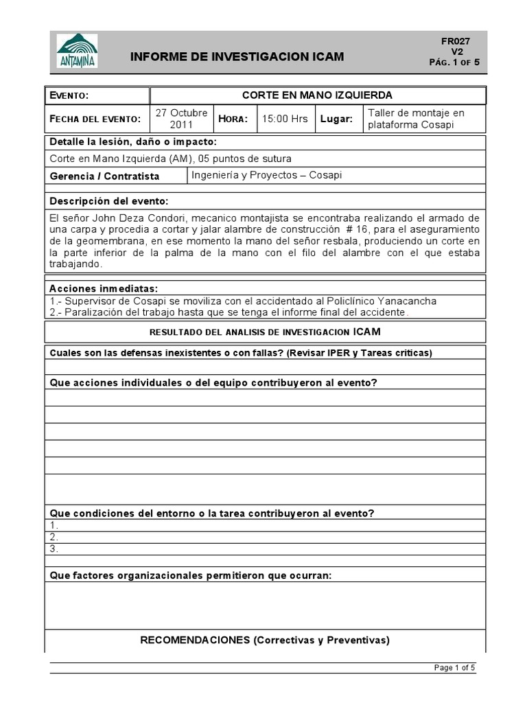 FR027 INFORME DE INVESTIGACION ICAM Lesion Personal Cosapi | PDF | Business