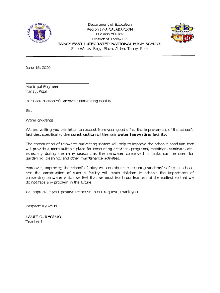 Signed - Rainwater Harvesting Facility - Request Letter | PDF
