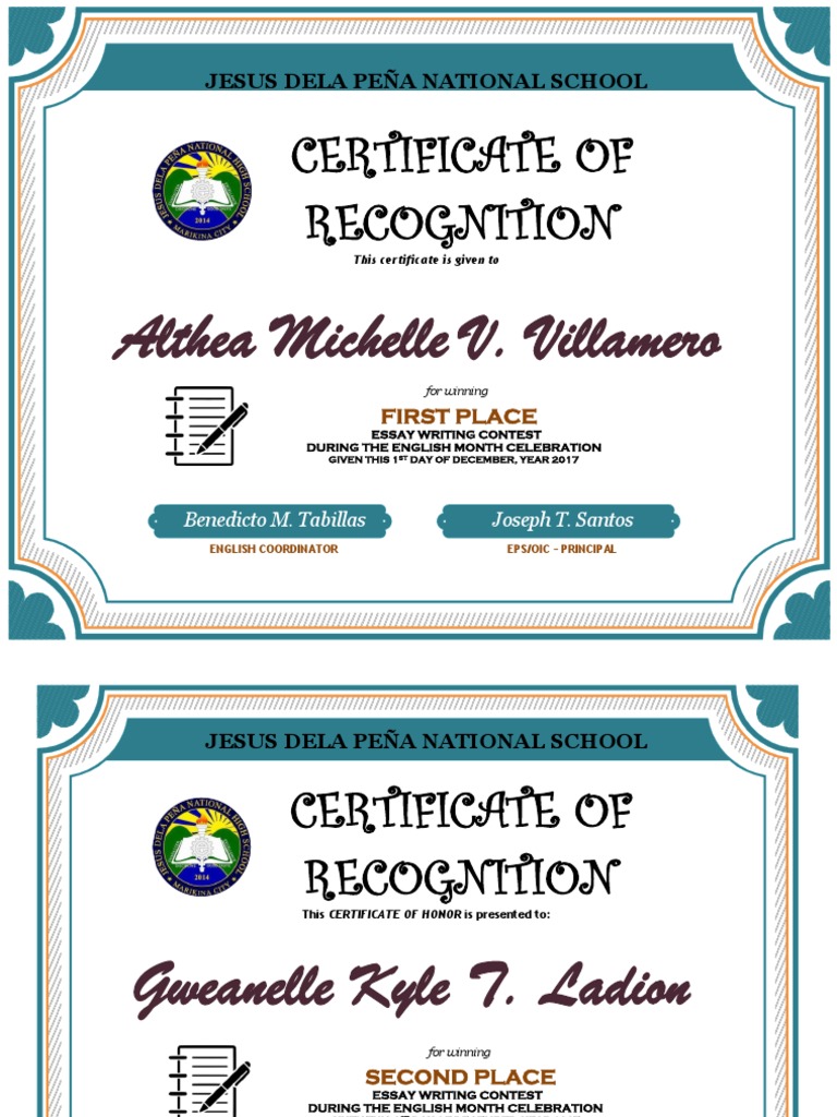 Essay Writing Certificate of Recognition | PDF