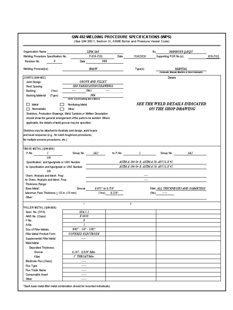 Qw-482 Welding Procedure Specifications (WPS) : (See QW-200.1, Section ...