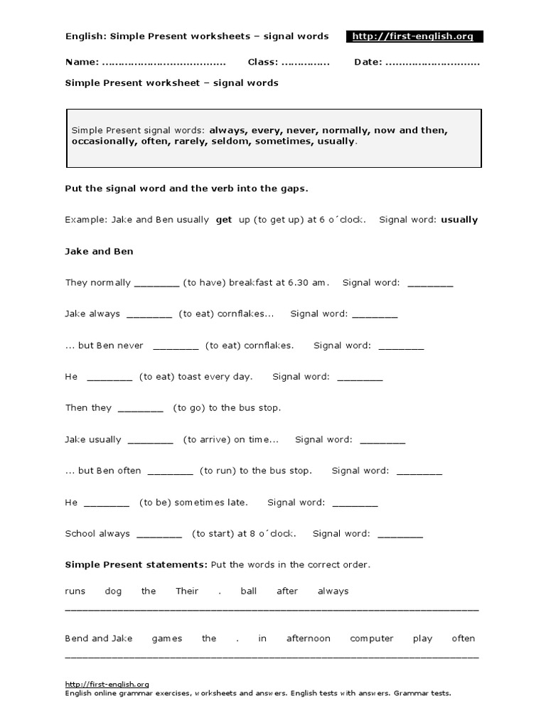 Simple Present 30 Signal Words Worksheets | PDF