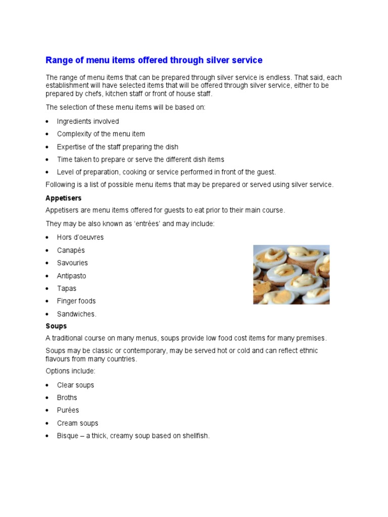 Silver Service Menu Essentials | PDF | Cooking, Food & Wine | Home & Garden