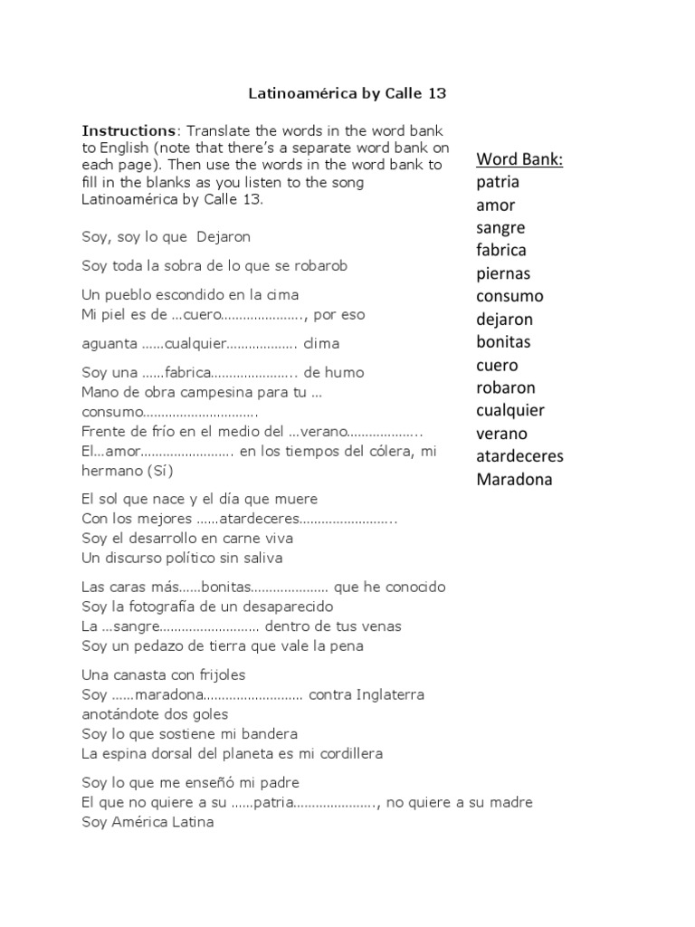 Spanish Cloze - Latinoamérica Calle 13 | PDF | Naturaleza