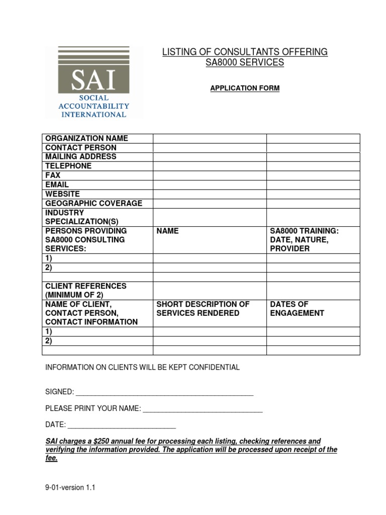 Listing of Consultants Offering Sa8000 Services: Application Form | PDF