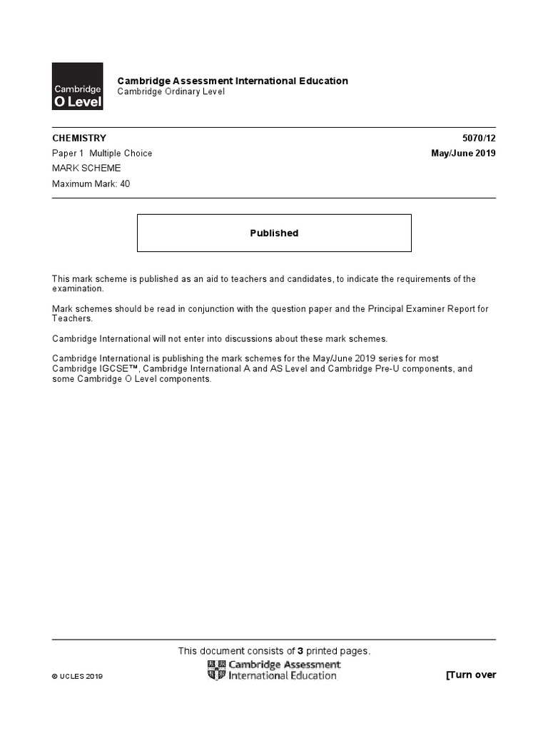Chemistry Paper 1 2019 Mark Scheme | PDF | Student Assessment And ...