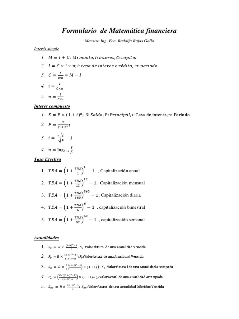 Formulario de Matemática FINANCIERA ROJAS GALLO | PDF | Depreciación ...