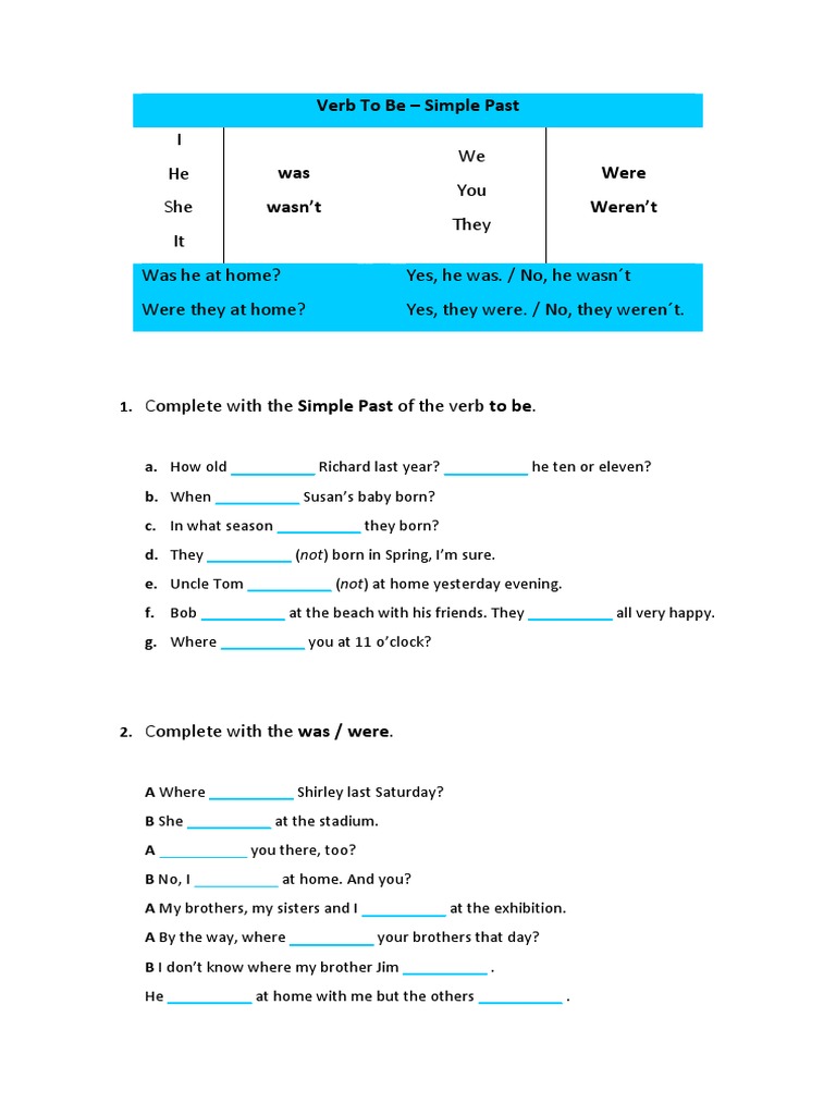 Verb To Be - Simple Past PDF | PDF
