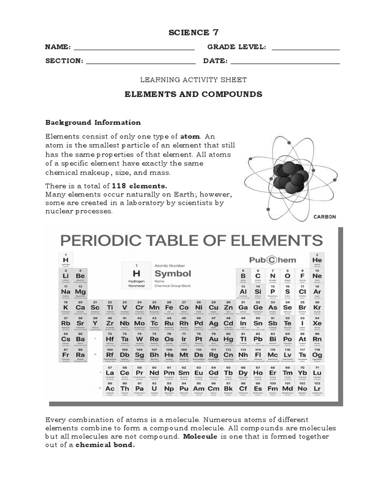 Learning Activity Sheet - SCIENCE-7 | PDF | Chemical Compounds ...