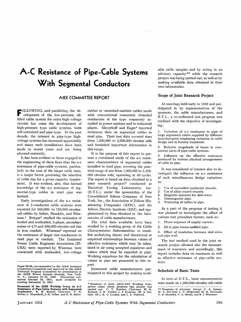 Ac Resistence of Pipe Cable System of Segmental Conductors | PDF ...