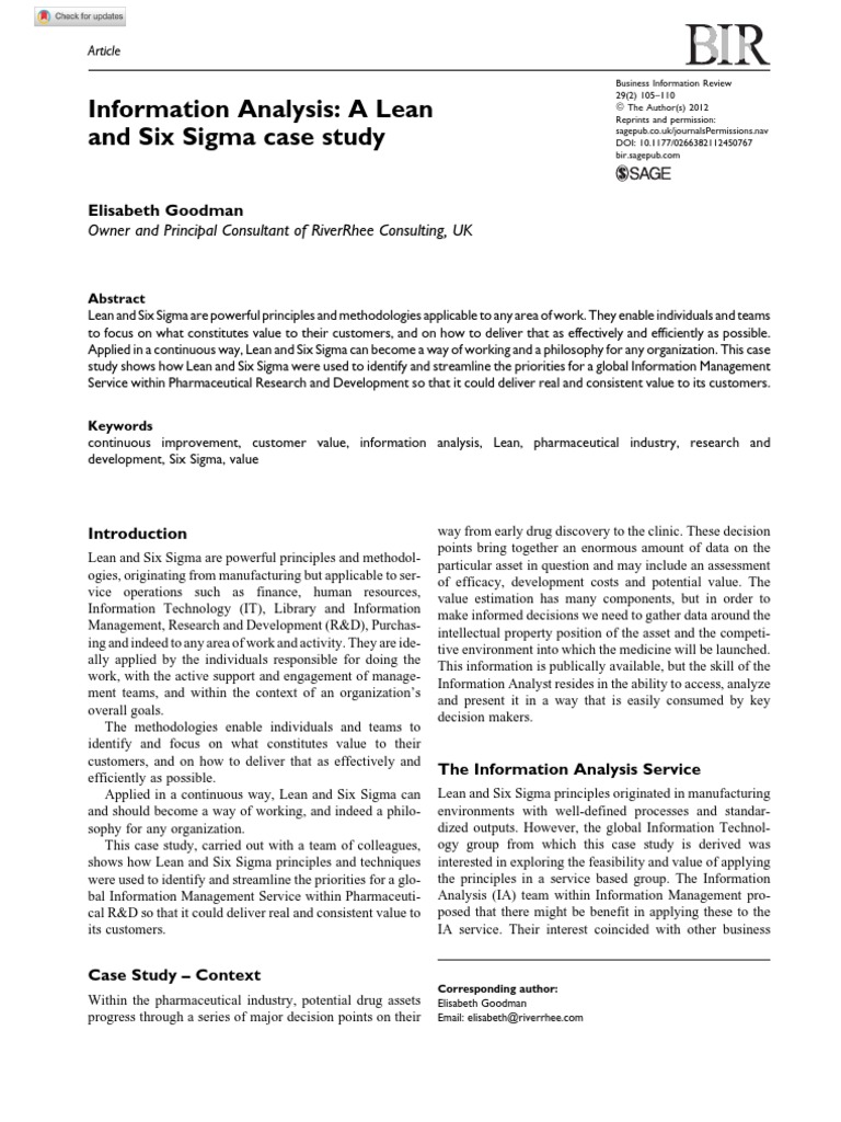 Information Analysis A Lean and Six Sigma Case Study - Article | PDF | Six Sigma | Lean ...