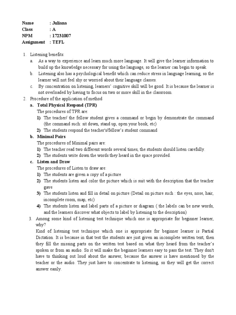 Tefl Assignment (Juliana 17231007) | PDF | Neuropsychology | Learning