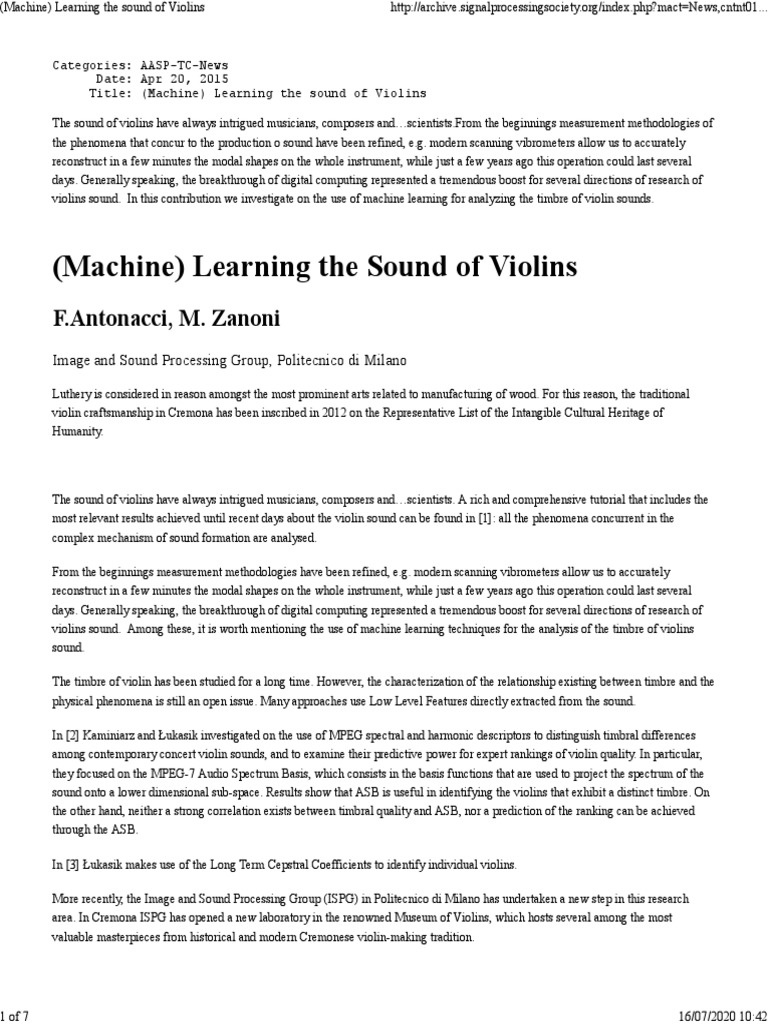 (Machine) Learning The Sound of Violins: F.Antonacci, M. Zanoni | PDF ...