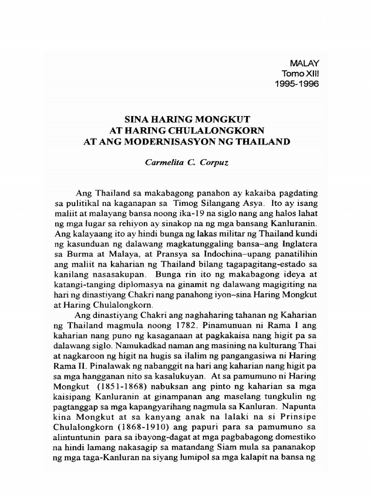Sina Haring Mongkut at Haring Chulalongkorn at Ang Modernisasyon NG Thailand | PDF