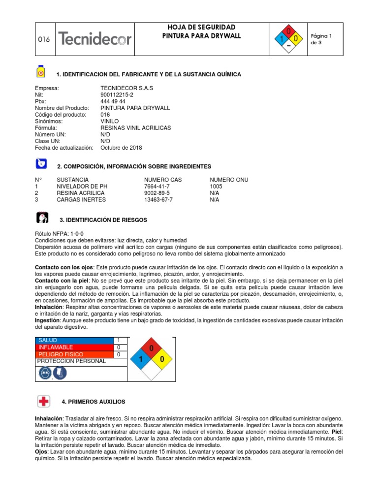 Hoja de Seguridad Pintura DW | PDF | Toxicología | Agua