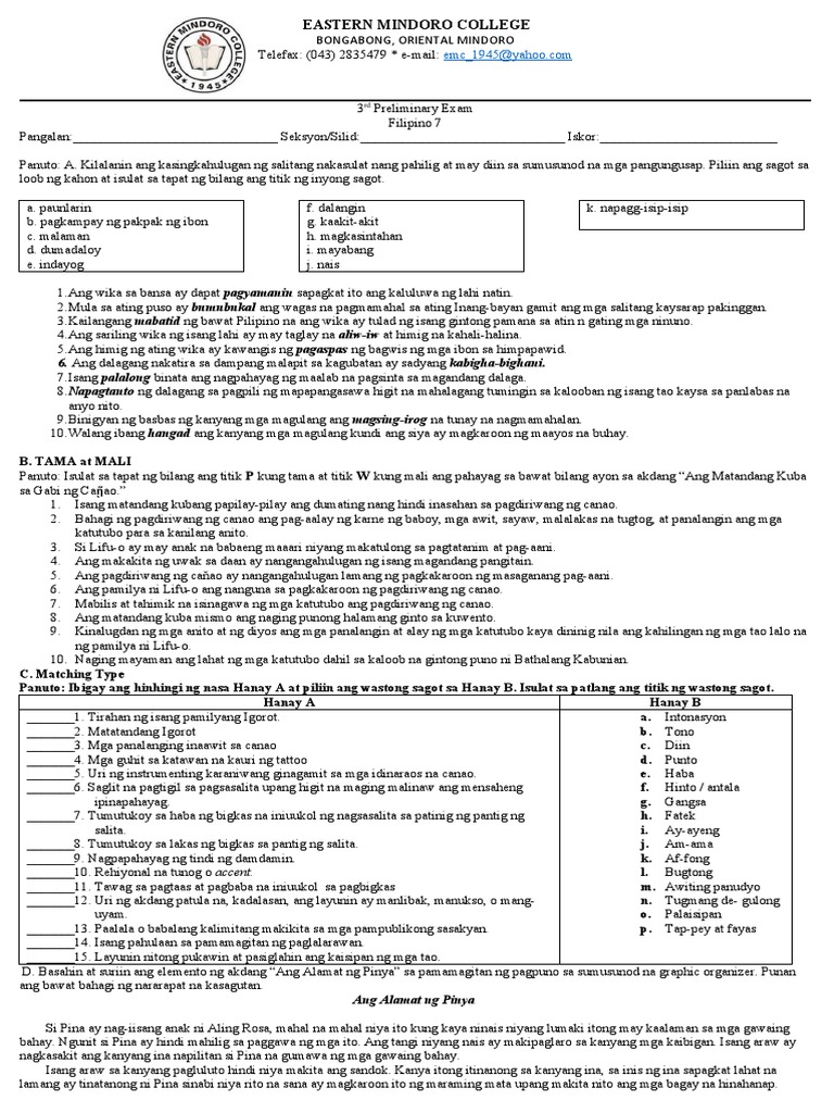 3rd Prelim Filipino 7 | PDF