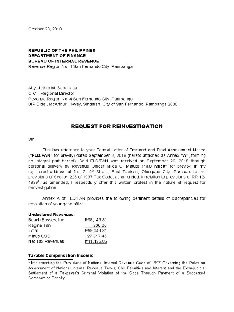 Request For Reinvestigation | PDF | Withholding Tax | Taxation In The ...