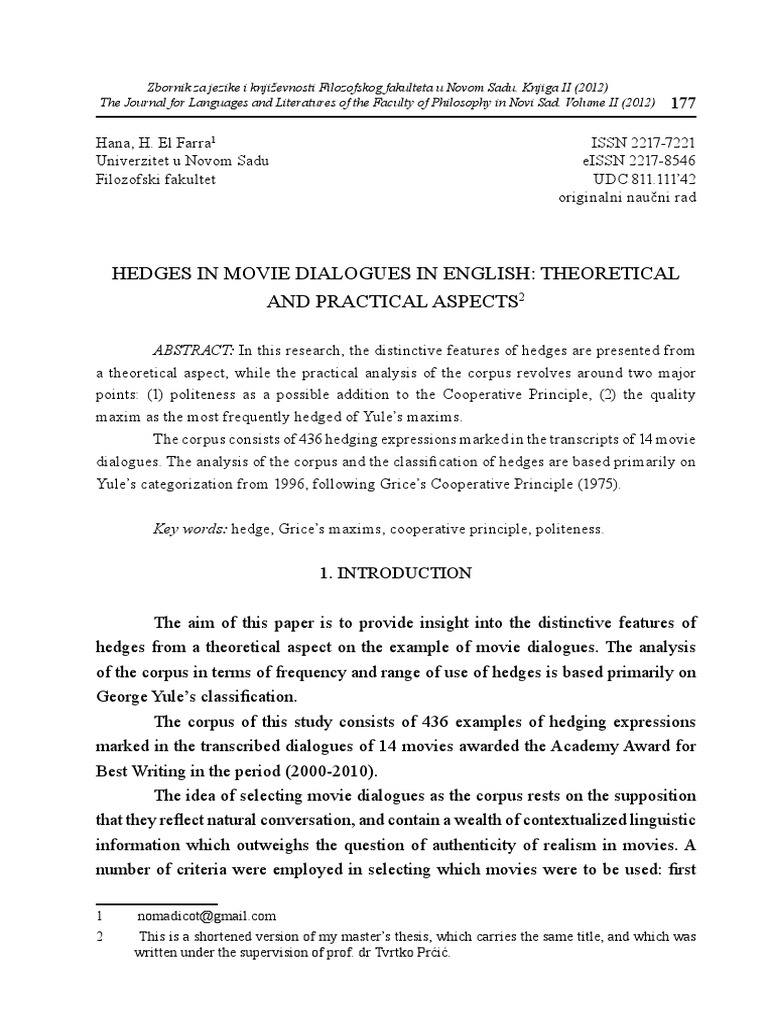 Hedges in Movie Dialogues in English: Theoretical and Practical Aspects ...