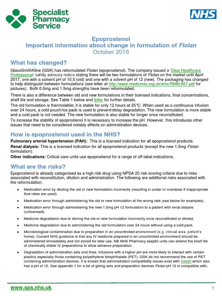 Epoprostenol Important Information About Change in Formulation of ...