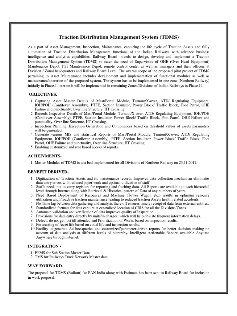Traction Distribution Management System (TDMS) : Objectives | PDF ...