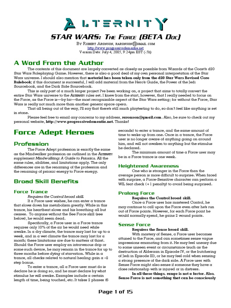Alterity Beta - Alternity - Force | PDF | Sith | Alchemy
